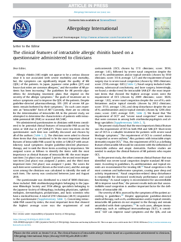 (PDF) The clinical features of intractable allergic rhinitis based on a ...