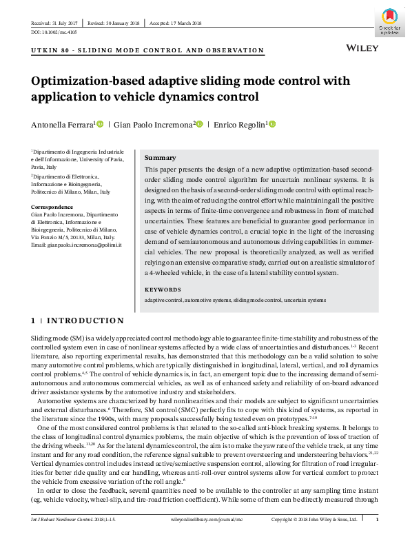 Pdf Optimization Based Adaptive Sliding Mode Control With Application To Vehicle Dynamics Control