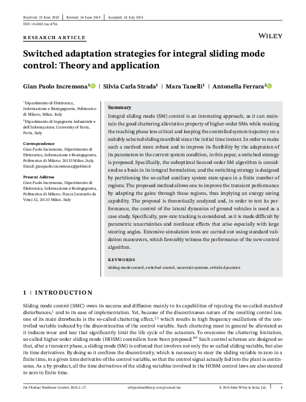 Pdf Switched Adaptation Strategies For Integral Sliding Mode Control Theory And Application