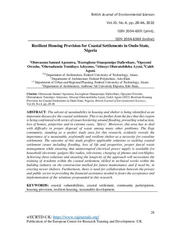 (PDF) Resilient Housing Provision for Coastal Settlements in Ondo State, Nigeria