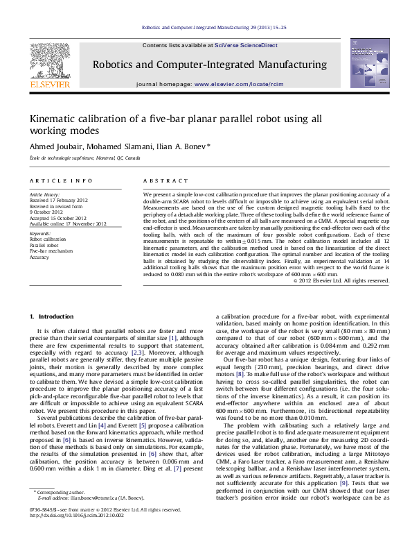Pdf Kinematic Calibration Of A Five Bar Planar Parallel Robot Using All Working Modes