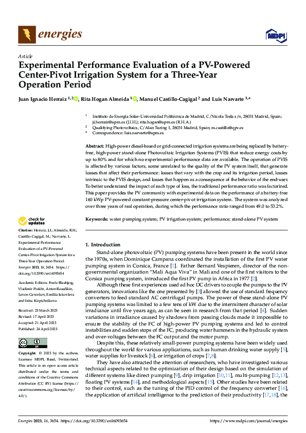 (PDF) Experimental Performance Evaluation of a PV-Powered Center-Pivot Irrigation System for a ...