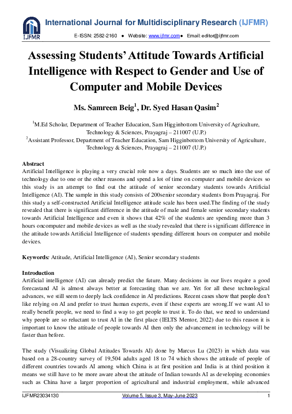 (PDF) Assessing Students' Attitude Towards Artificial Intelligence with Respect to Gender and ...