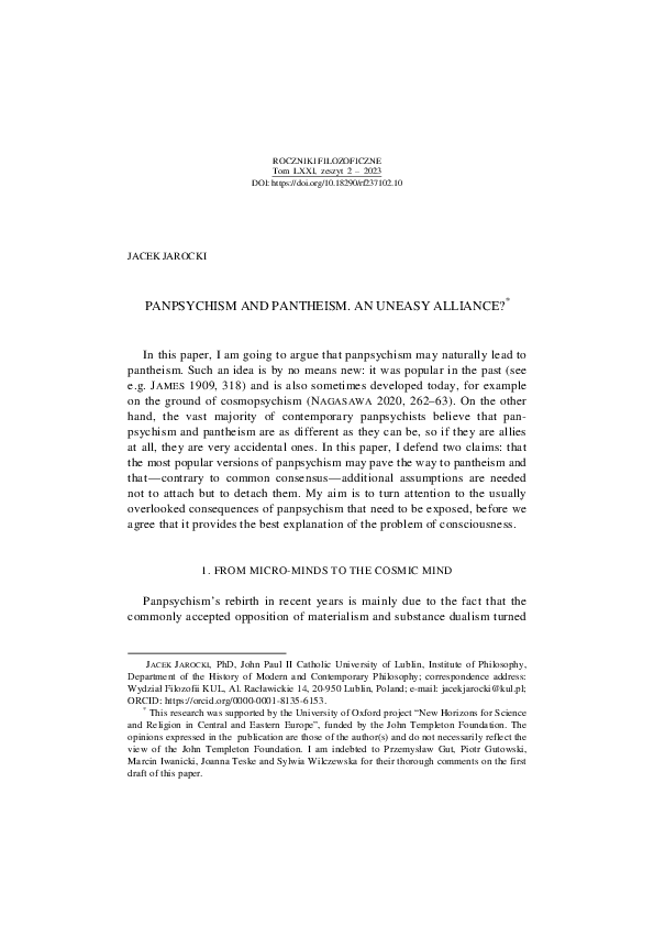 (PDF) Panpsychism and Pantheism. An Uneasy Alliance?