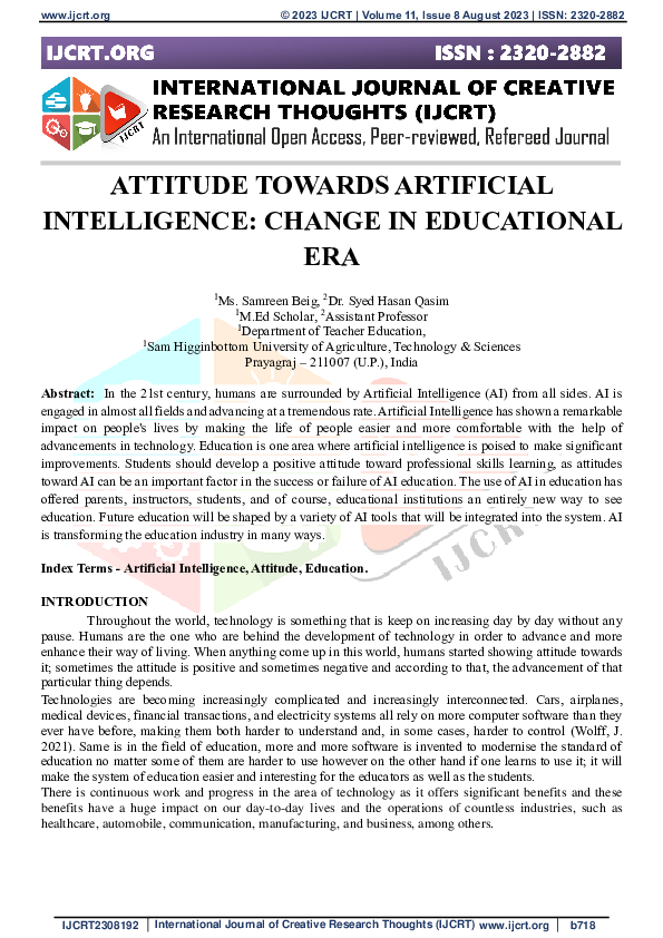 (PDF) Attitude towards Artificial Intelligence: Change in Educational Era