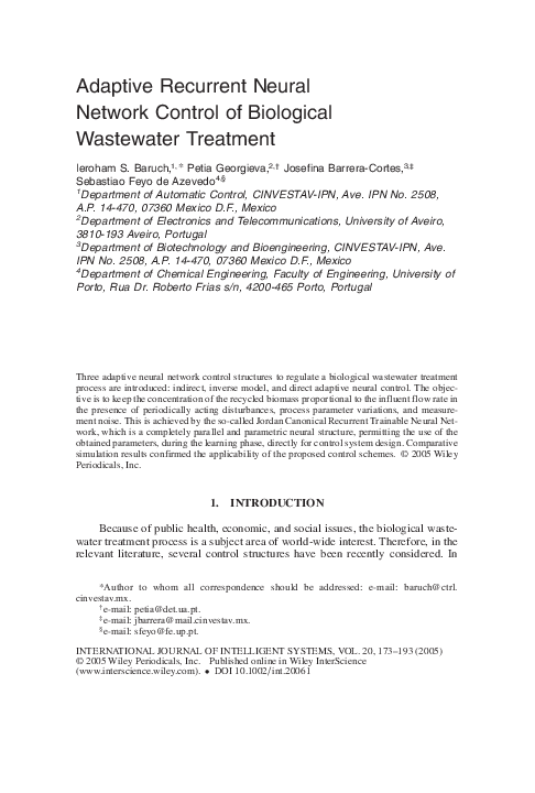 (PDF) Adaptive recurrent neural network control of biological wastewater treatment