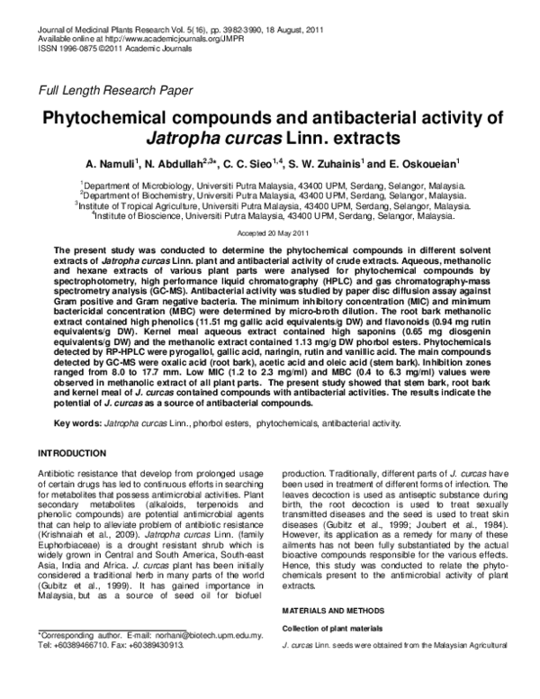 (PDF) Phytochemical compounds and antibacterial activity of Jatropha curcas Linn. extracts