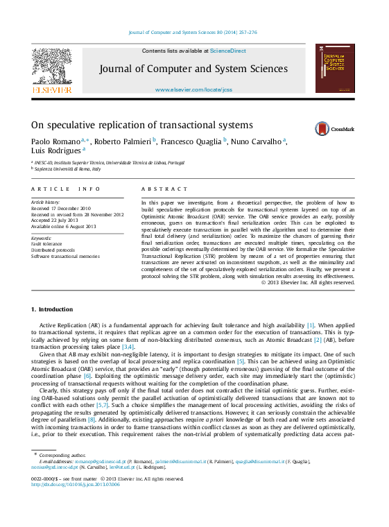 (PDF) On speculative replication of transactional systems