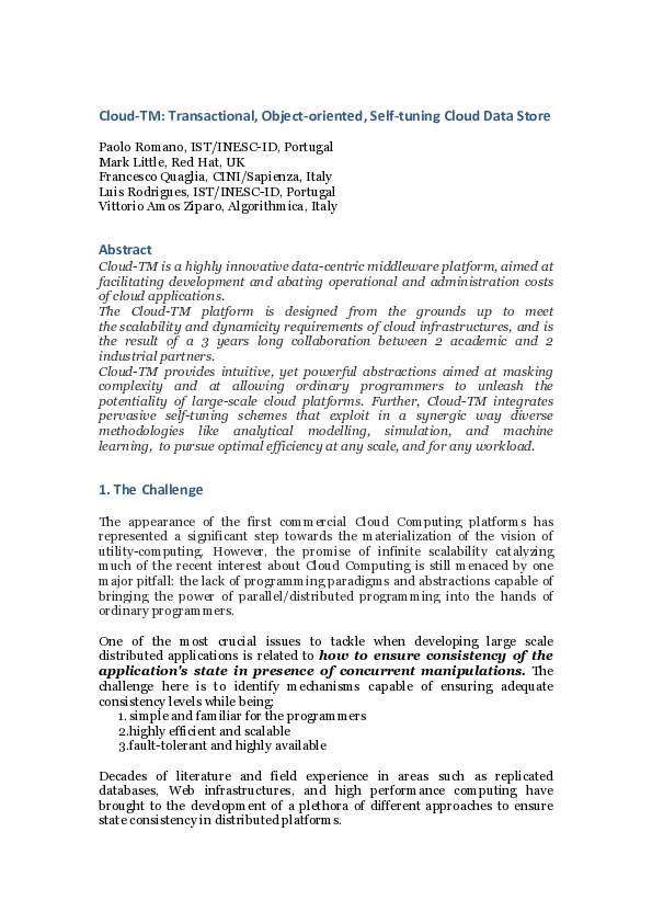 (PDF) Cloud-TM: Transactional, Object-oriented, Self-tuning Cloud Data Store