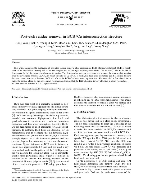 (PDF) Post-etch residue removal in BCB/Cu interconnection structure