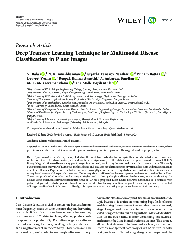 (PDF) Deep Transfer Learning Technique for Multimodal Disease Classification in Plant Images