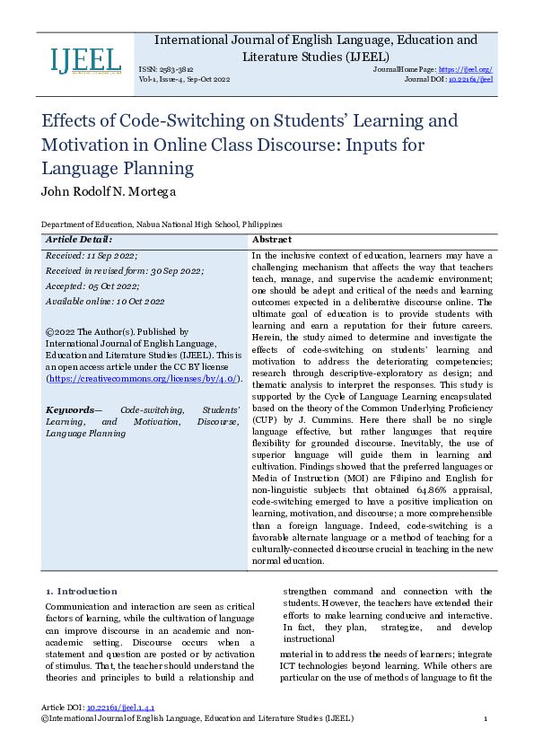(PDF) Effects of Code-Switching on Students’ Learning and Motivation in ...