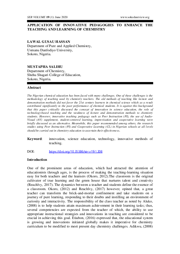 (PDF) Application of Innovative Methods to Enhance the Teaching and Learning of Chemistry