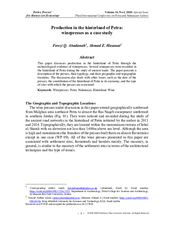 (PDF) Production In The Hinterland Of Petra:, Winepresses As A Case Study