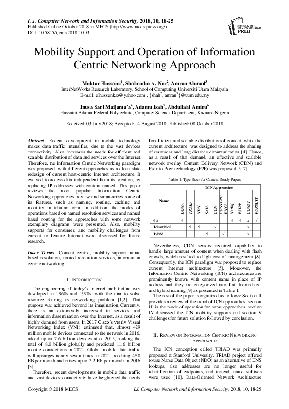 Pdf Mobility Support And Operation Of Information Centric Networking Approach
