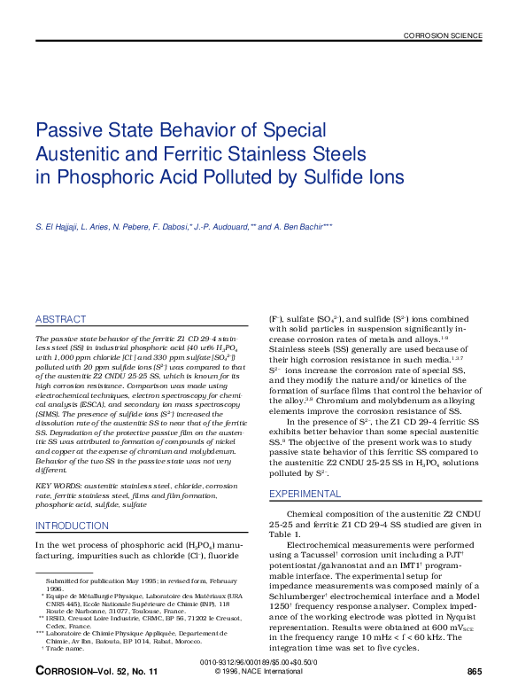 (PDF) Passive State Behavior of Special Austenitic and Ferritic ...