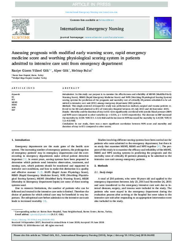 Pdf Assessing Prognosis With Modified Early Warning Score Rapid