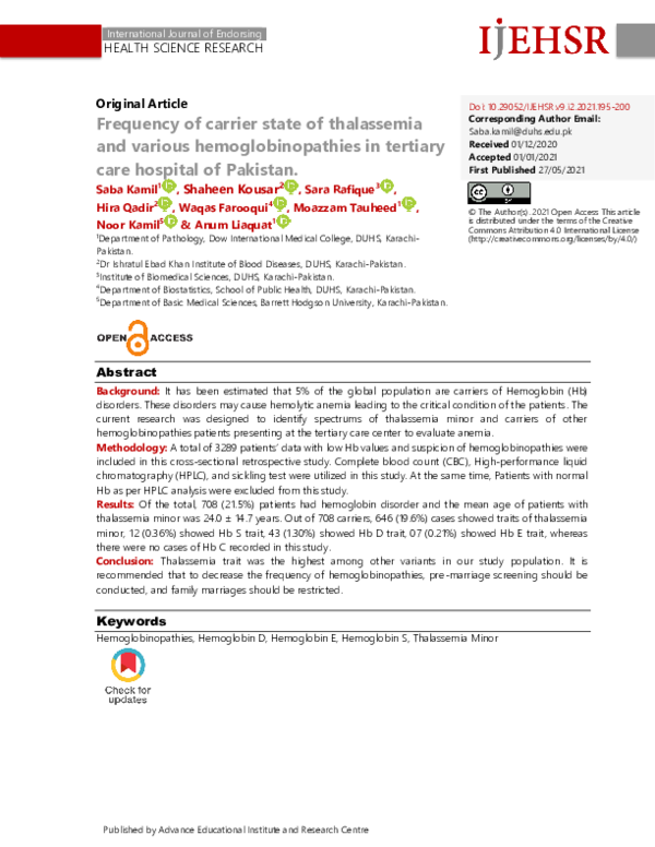 (PDF) Frequency of carrier state of thalassemia and various ...