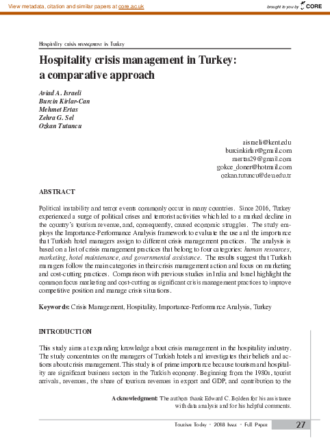 (PDF) Hospitality crisis management in Turkey: a comparative approach