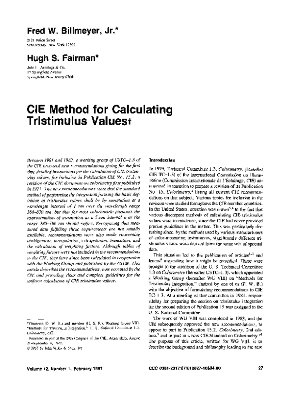 Pdf Cie Method For Calculating Tristimulus Values