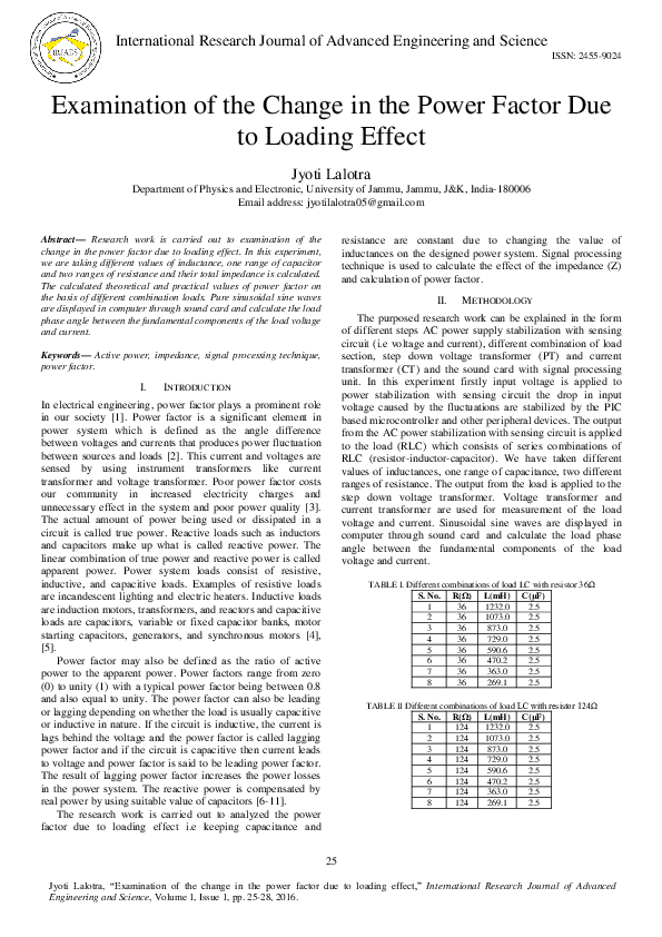 (PDF) Examination of the Change in the Power Factor Due to Loading Effect