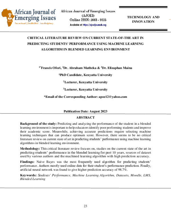 (PDF) CRITICAL LITERATURE REVIEW ON CURRENT STATE-OF-THE ART IN PREDICTING STUDENTS' PERFORMANCE ...