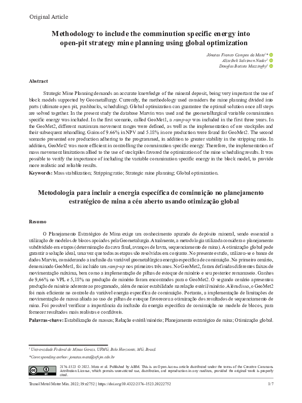 Pdf Methodology To Include The Comminution Specific Energy Into Open Pit Strategy Mine