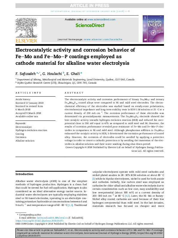 (PDF) Electrocatalytic activity and corrosion behavior of Fe Mo and Fe Mo P coatings employed as ...