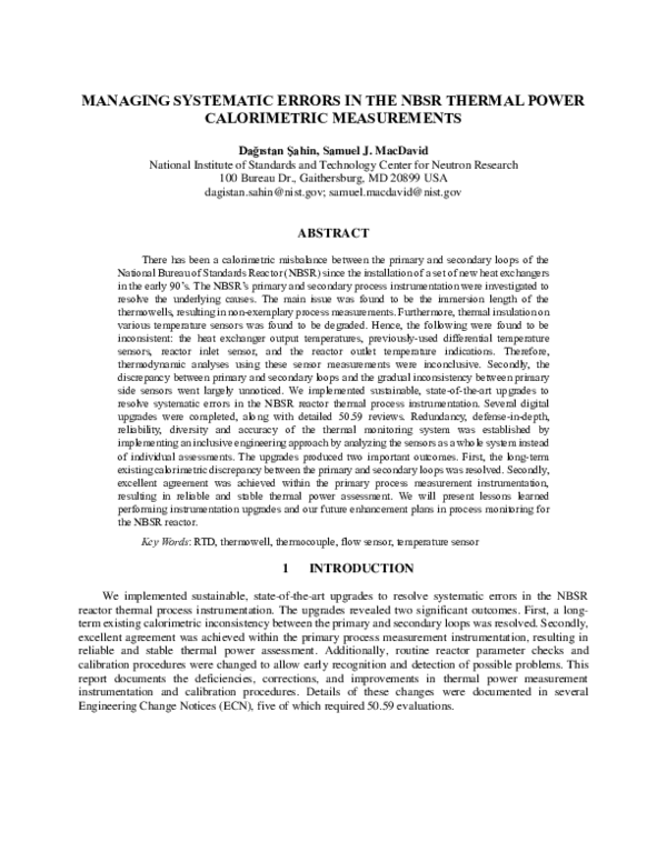 (PDF) Managing Systematic Errors in the NBSR Thermal Power Calorimetric ...