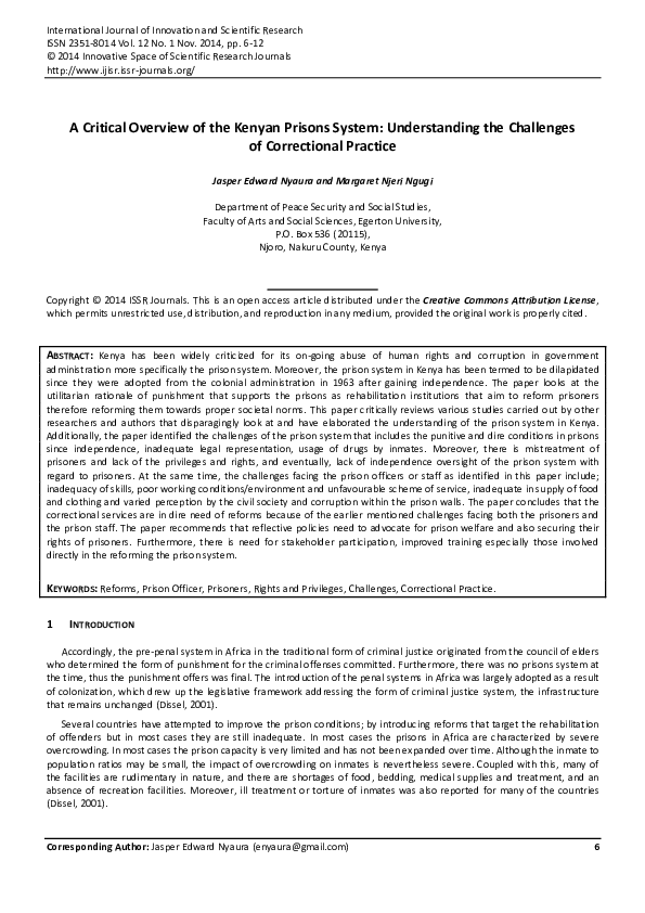 (PDF) A Critical Overview of the Kenyan Prisons System: Understanding ...