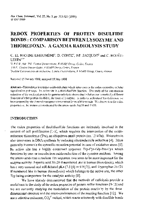 (PDF) Redox Properties of Protein Disulfide Bonds : Comparison Between ...