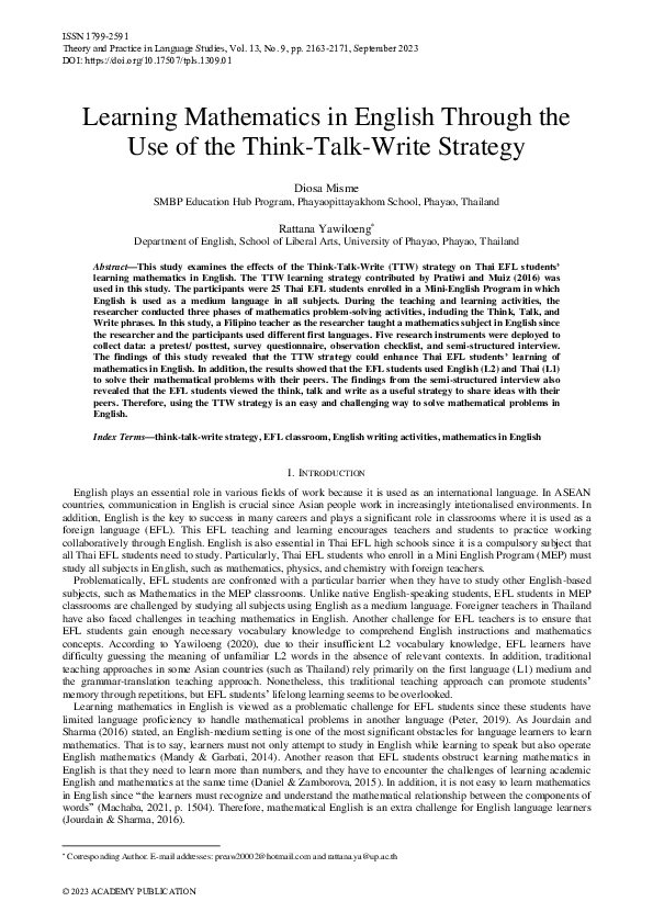 (PDF) Learning Mathematics in English Through the Use of the Think-Talk ...