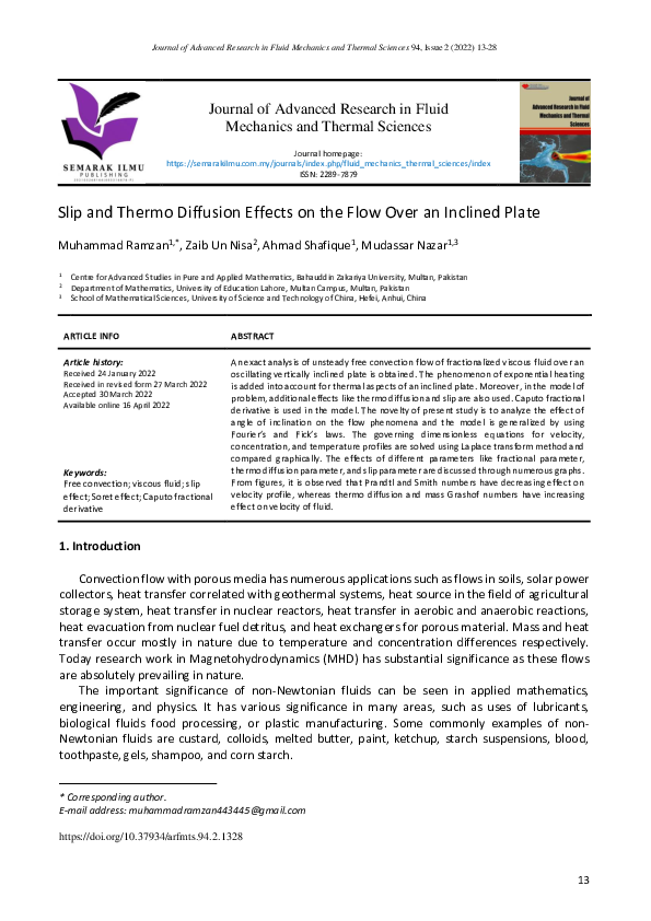 (PDF) Slip and Thermo Diffusion Effects on the Flow Over an Inclined Plate