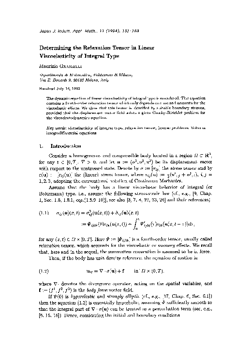 (PDF) Determining the relaxation tensor in linear viscoelasticity of ...