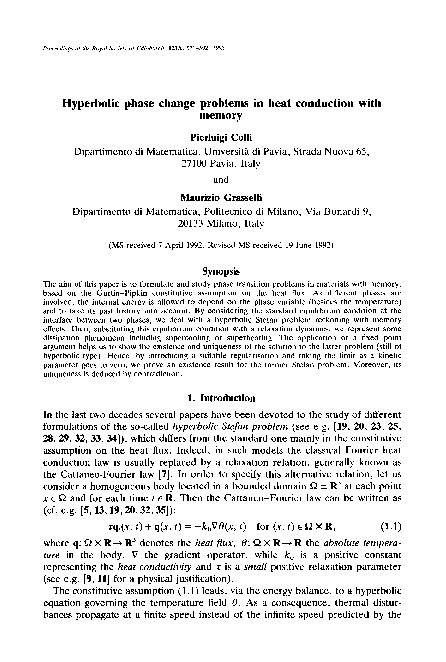 (PDF) Hyperbolic phase change problems in heat conduction with memory