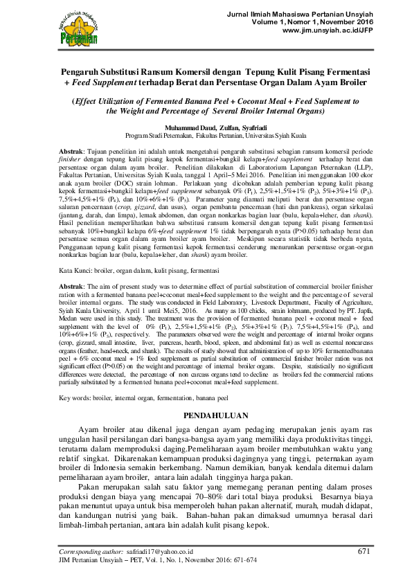 (PDF) Pengaruh Substitusi Ransum Komersil dengan Tepung Kulit Pisang Fermentasi +Feed Supplement ...