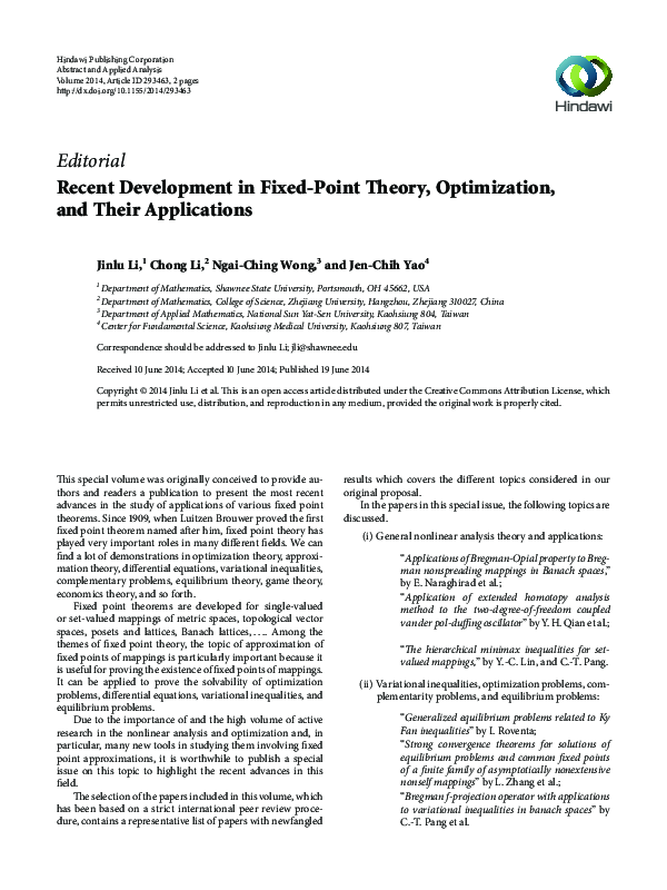 (PDF) Recent Development in Fixed-Point Theory, Optimization, and Their Applications