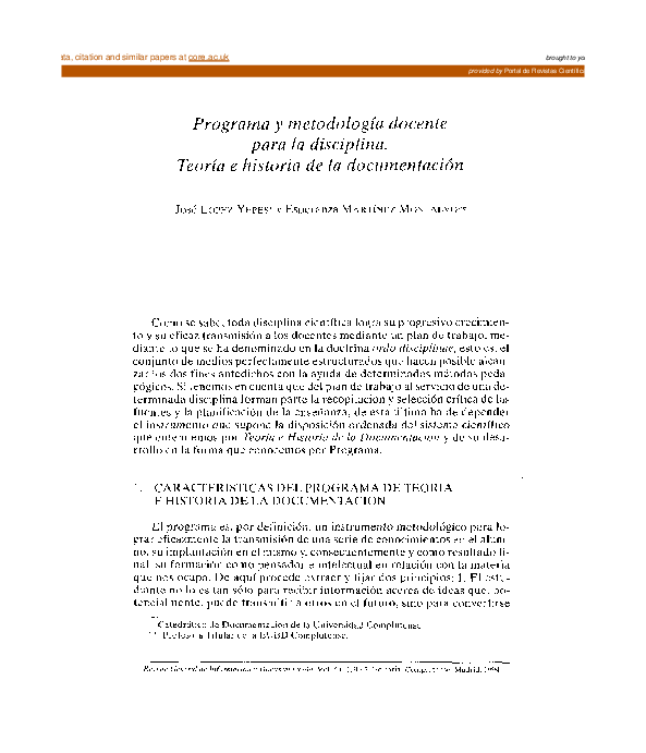 (PDF) Programa y metodología docente para la disciplina. Teoría e historia de la documentación