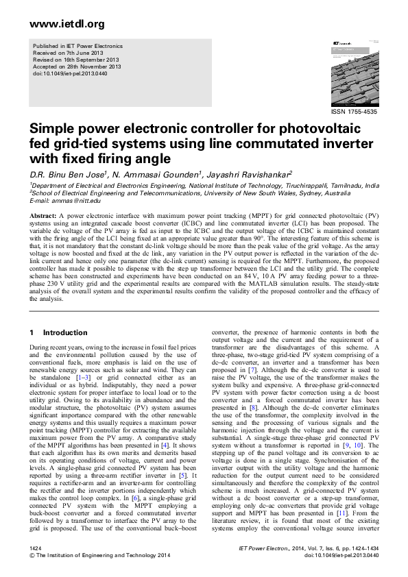 (PDF) Simple power electronic controller for photovoltaic fed grid‐tied systems using line ...