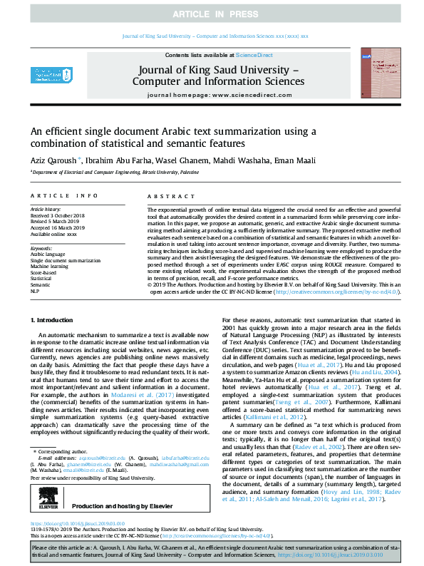 (PDF) An efficient single document Arabic text summarization using a combination of statistical ...