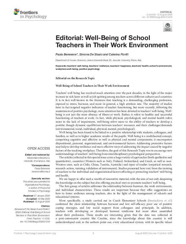 (PDF) Editorial: Well-Being of School Teachers in Their Work Environment
