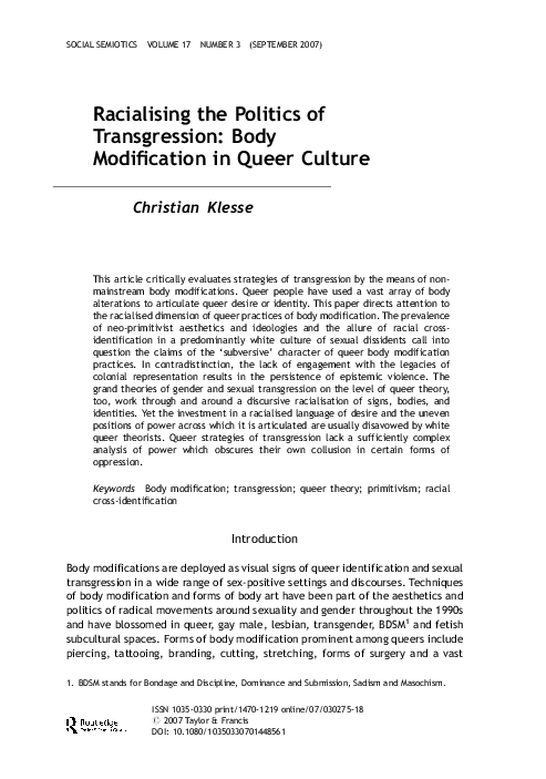 (PDF) Racialising the Politics of Transgression: Body Modification in ...