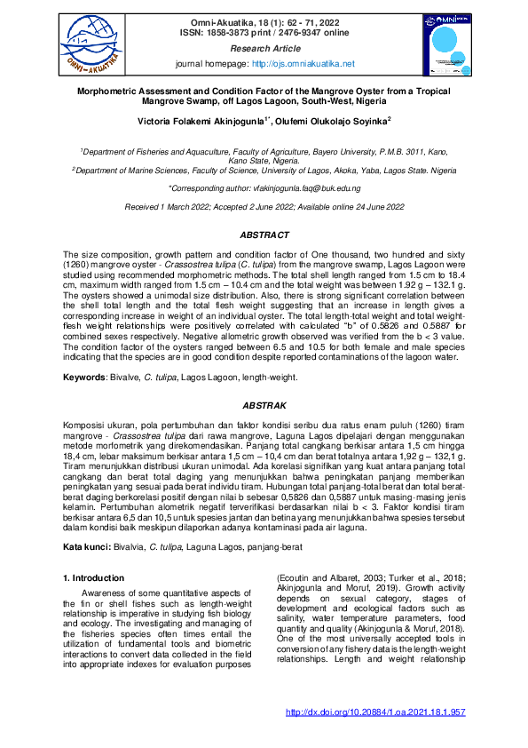 (PDF) Morphometric Assessment and Condition Factor of the Mangrove ...