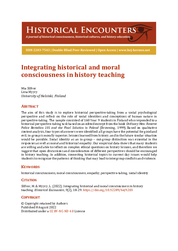 (PDF) Integrating historical and moral consciousness in history teaching