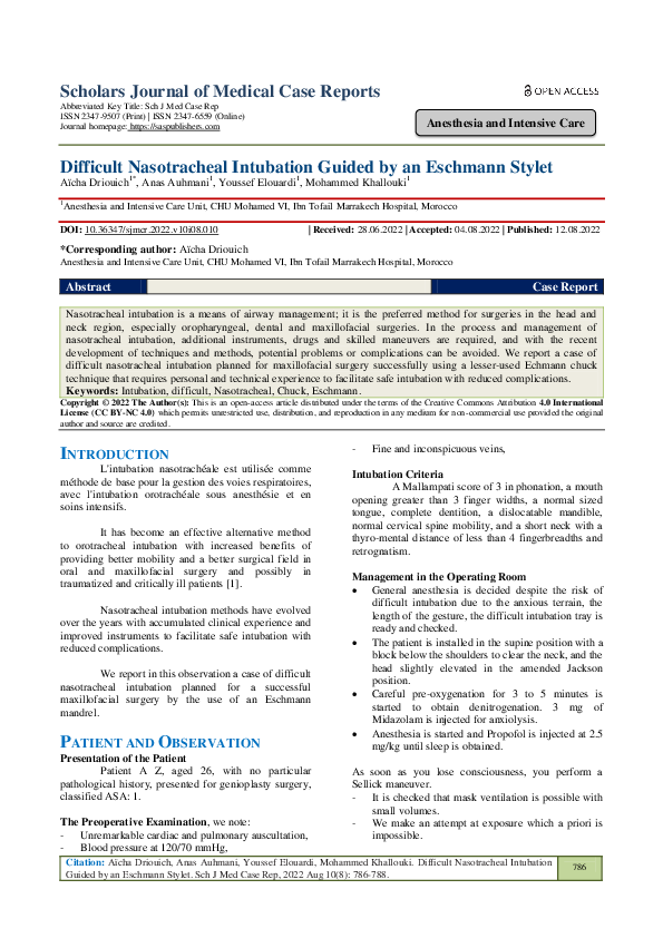 (PDF) Difficult Nasotracheal Intubation Guided by an Eschmann Stylet