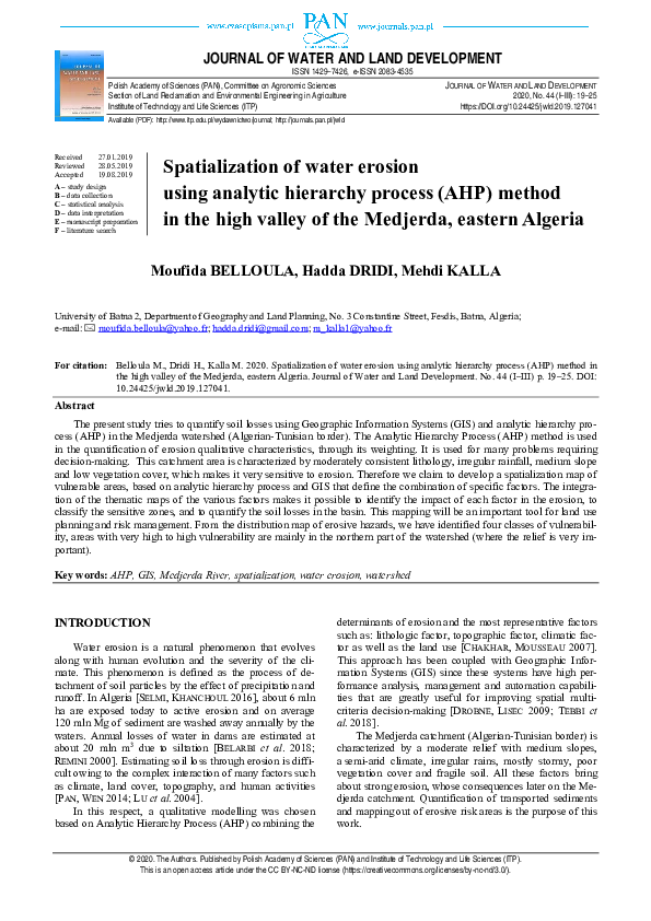(PDF) Spatialization of water erosion using analytic hierarchy process (AHP) method in the high ...