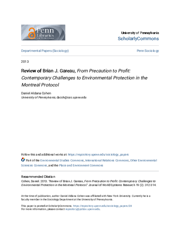 (PDF) Review of Brian J. Gareau, From Precaution to Profit ...