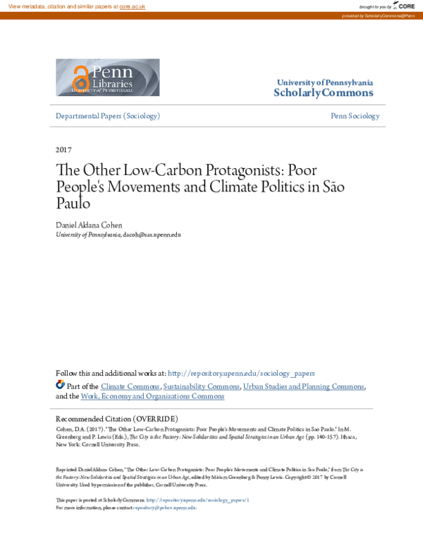 (PDF) The Other Low-Carbon Protagonists: Poor People\u27s Movements and ...