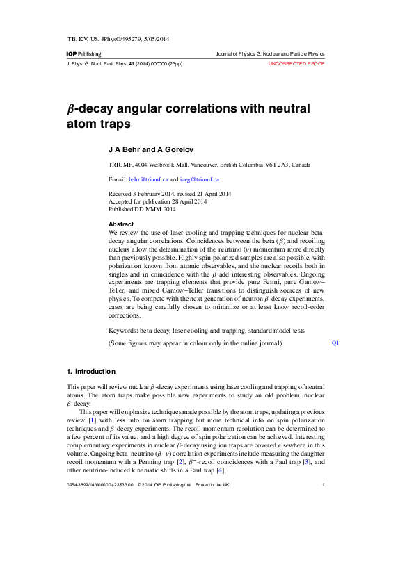 (PDF) Β-Decay Angular Correlations with Neutral Atom Traps | A. Gorelov - Academia.edu