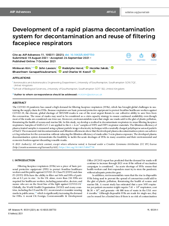 (PDF) Development of a rapid plasma decontamination system for ...